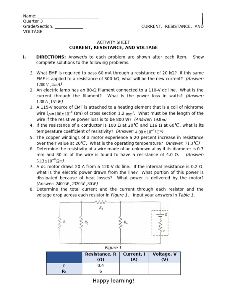 Activity Sheet - Current Resistance and Voltage | PDF