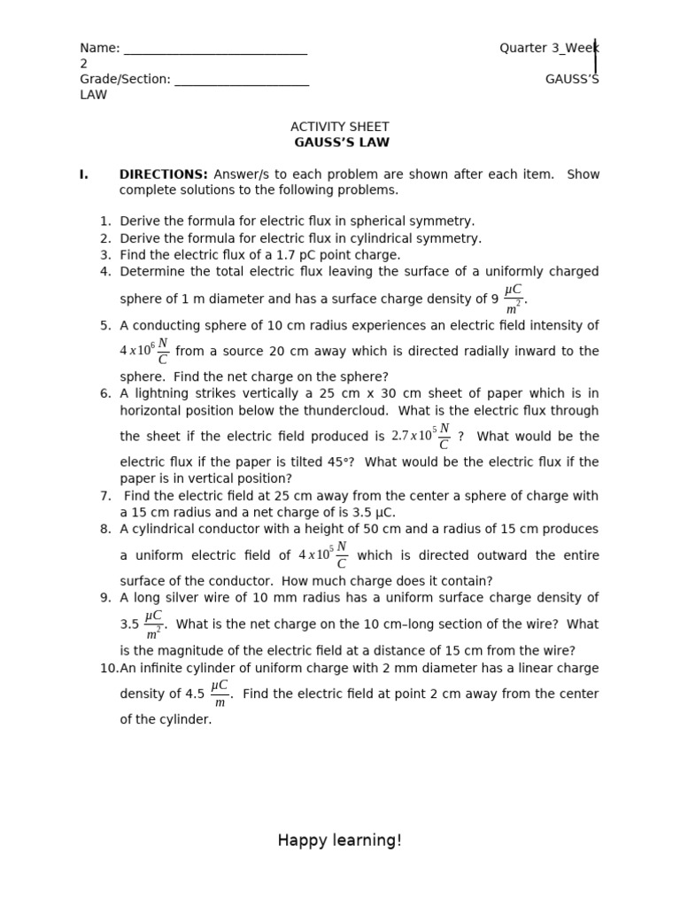 Activity Sheet Gausss Law Pdf