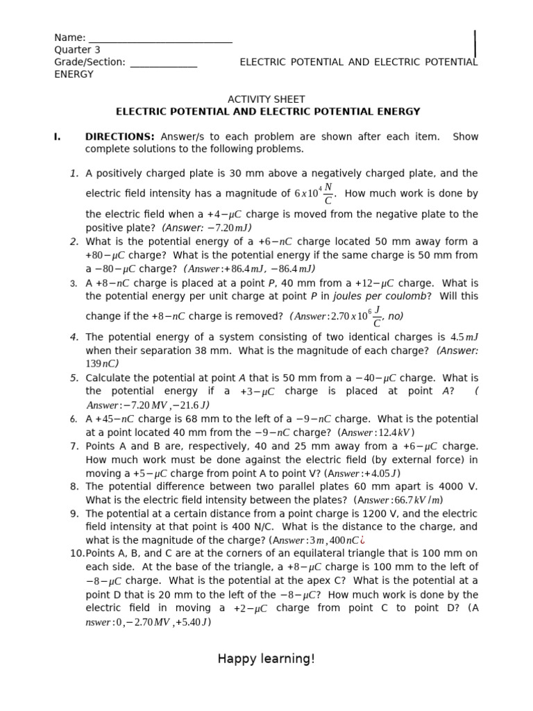 Activity Sheet - Electric Potential and Electric Potential Energy | PDF