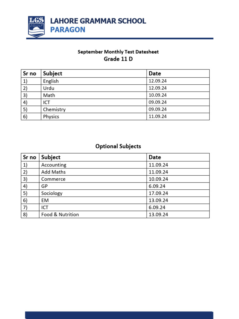September Date Sheet 11D | PDF
