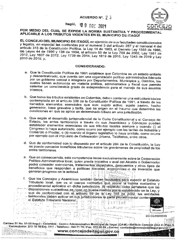 ESTATUTO TRIBUTARIO AÑO 2021 - Acu 023 9 Dic 2021 ITAGUI | PDF