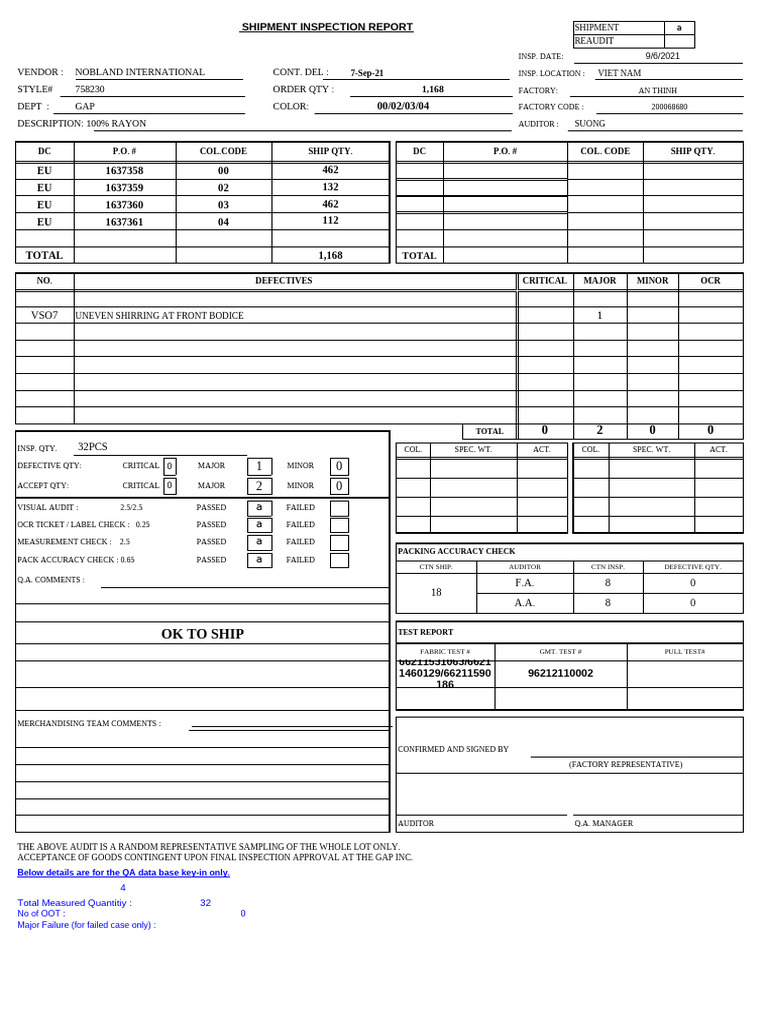 Ok To Ship: Shipment Inspection Report | PDF