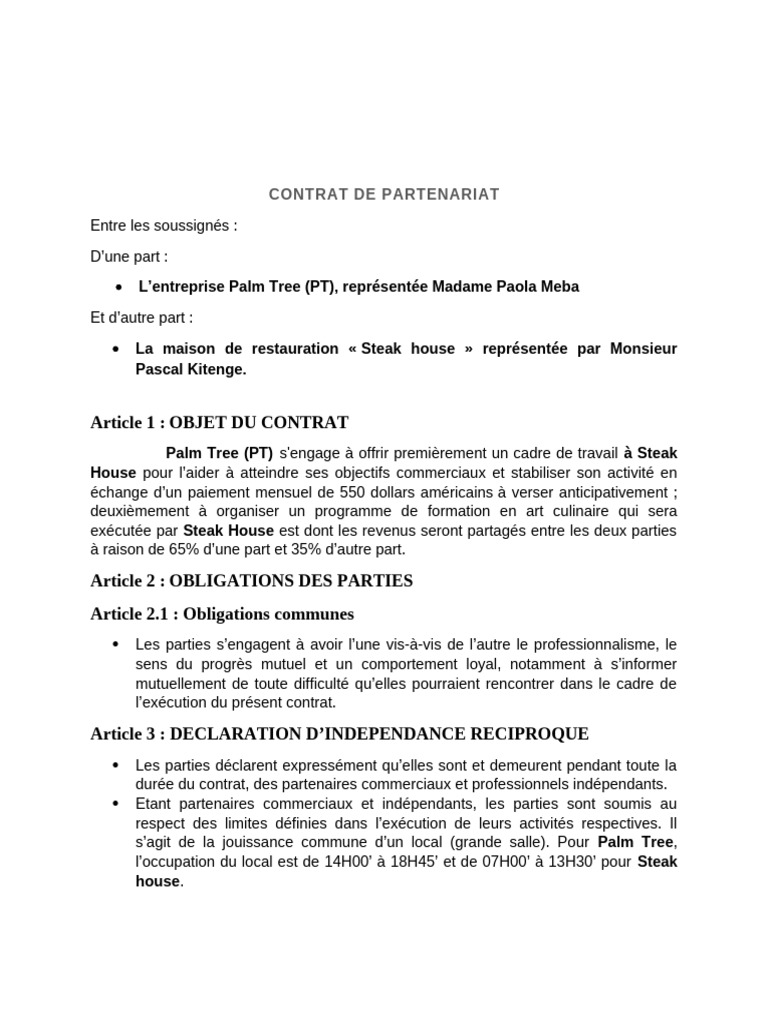 CONTRAT DE PARTENARIAT Steak House Et Pts-1 | PDF