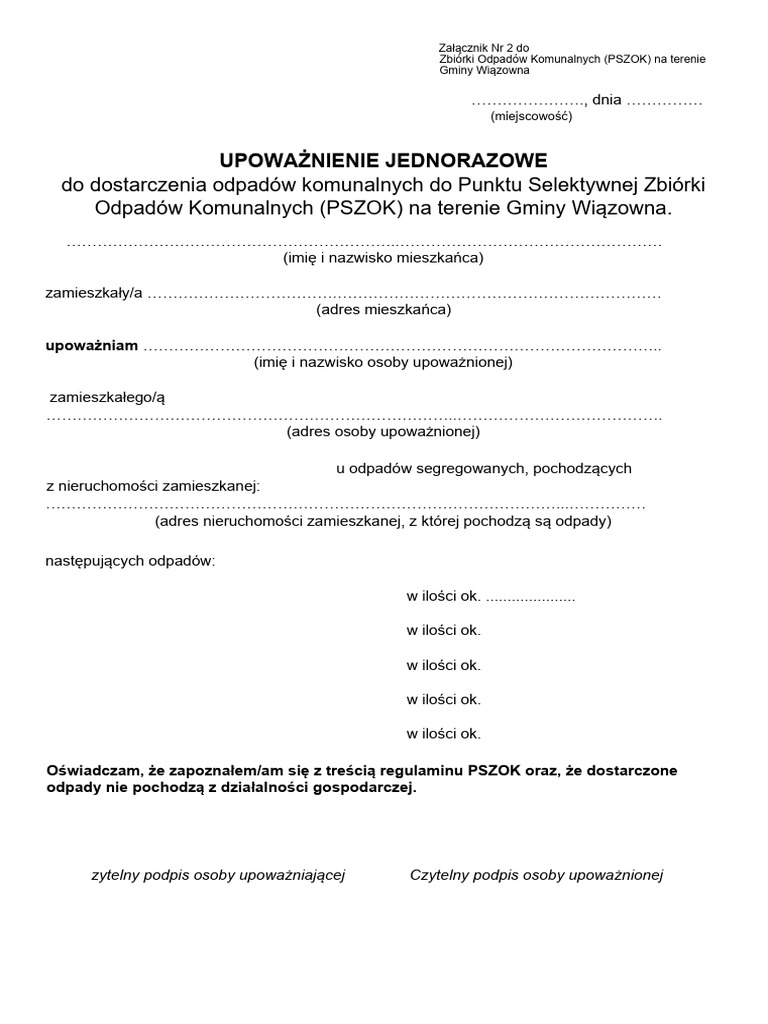 Zalacznik NR 2 Do Regulaminu PSZOK Upowaznienie | PDF