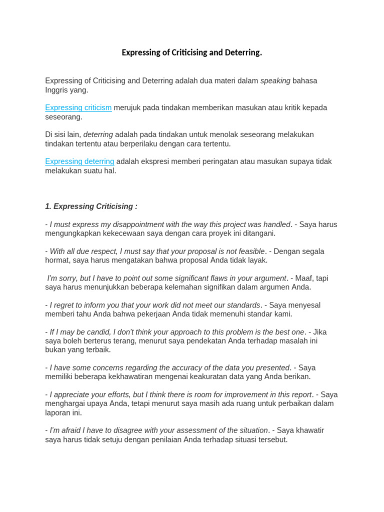 Expressing of Criticising and Deterring Kelas XI | PDF
