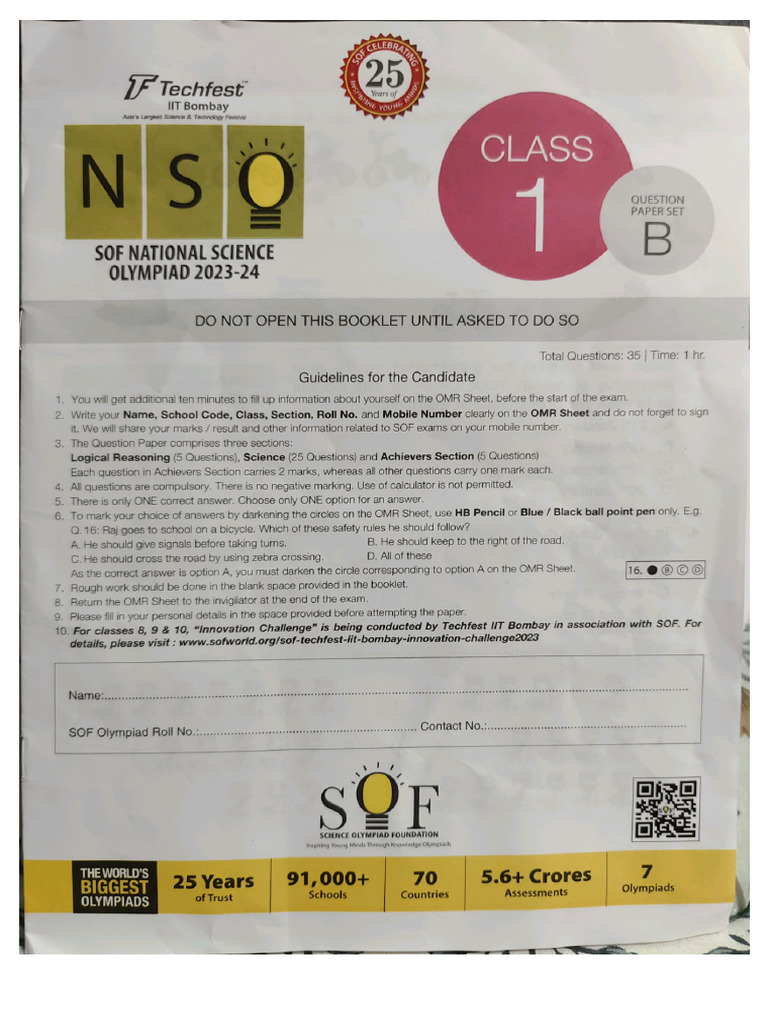 SOF NSO Paper Grade 1 Set B | PDF