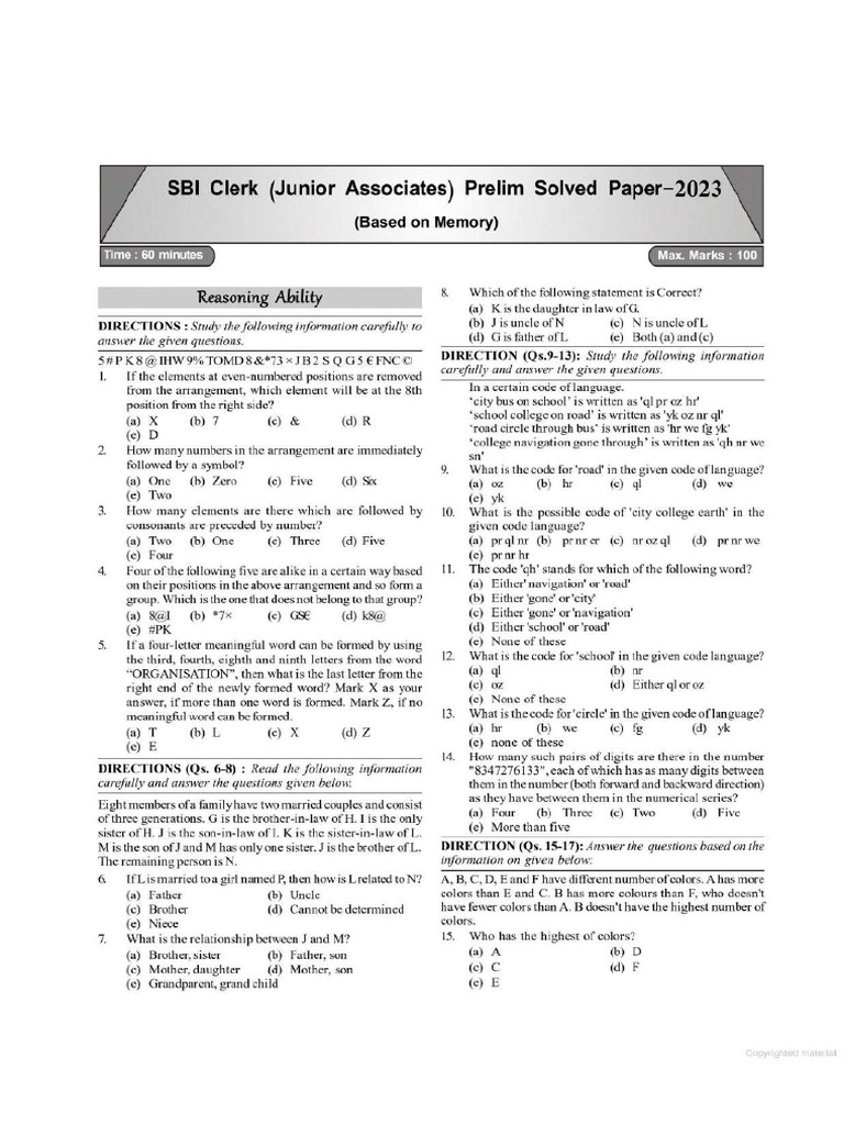 Sbi Clerk Question Prilims 2023 | PDF