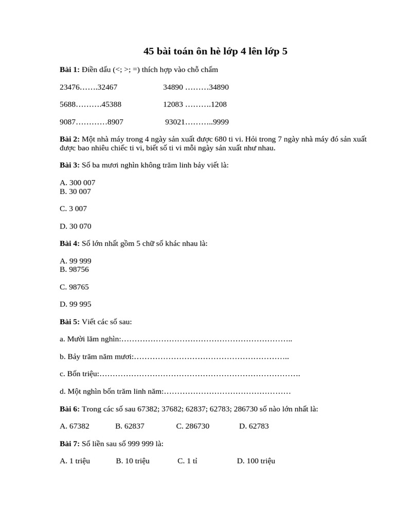 45 Bài Toán Ôn Hè L P 4 Lên 5 | PDF