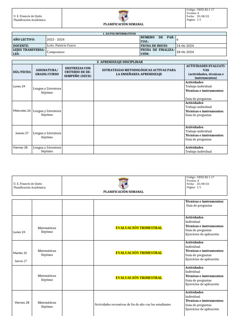 PLAN SEMANAL 7B DEL 24 al 28 de junio 2024 | PDF