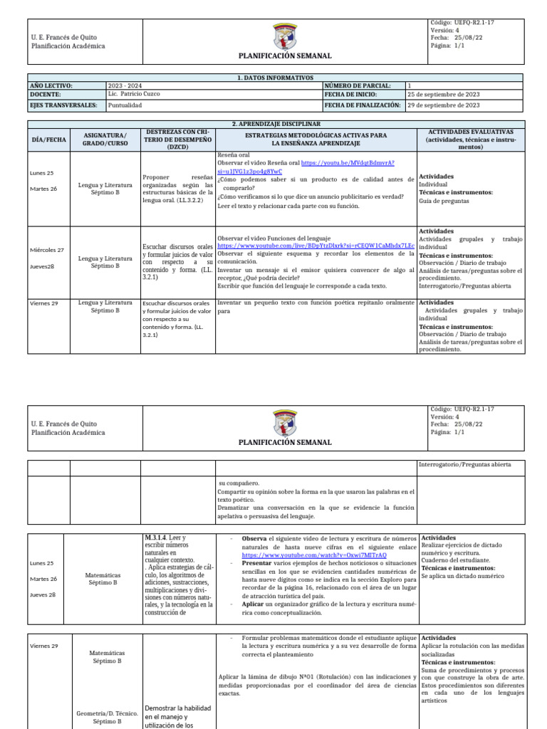 Formato Plan Semanal 7B Del 25 Al 29 de Sep | PDF