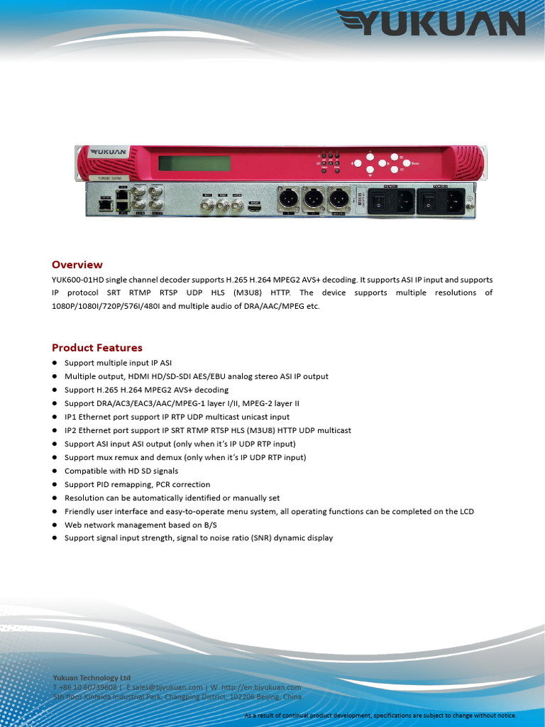 Datasheet YUK600-01HD One Channel Live Streaming Decoder | PDF