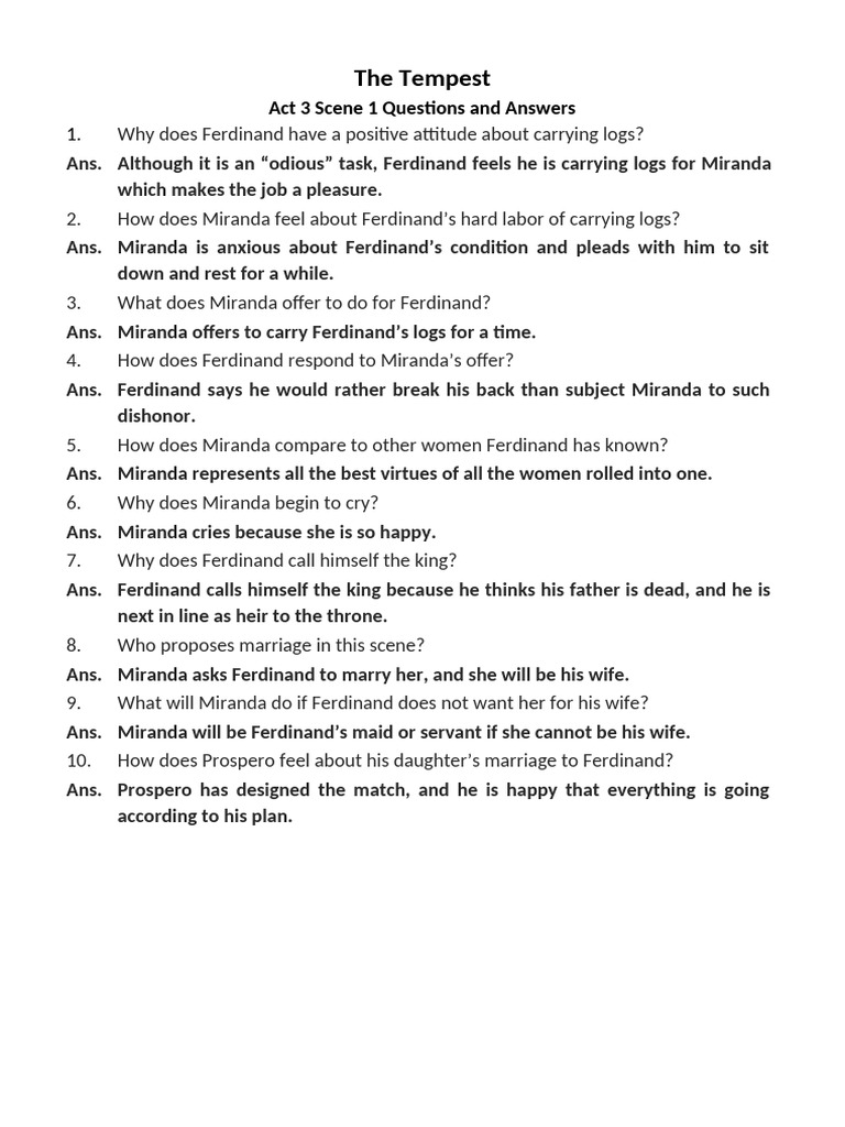 The Tempest Act 3 Scene 1 Short Questions & Answers | PDF