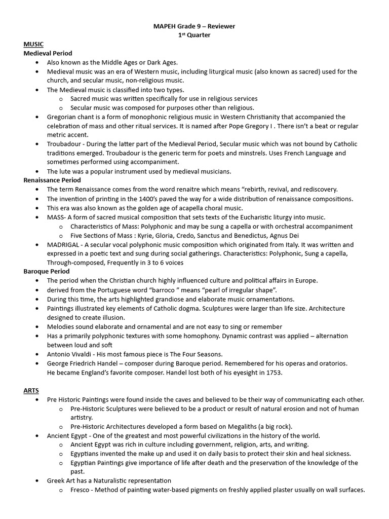 MAPEH 1st Quarter Reviewer | PDF