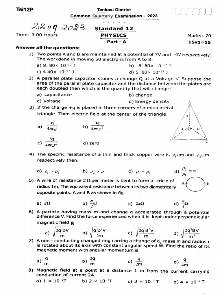 12th Physics EM Quarterly Exam 2023 Original Question Paper Thenkasi District English Medium PDF ...