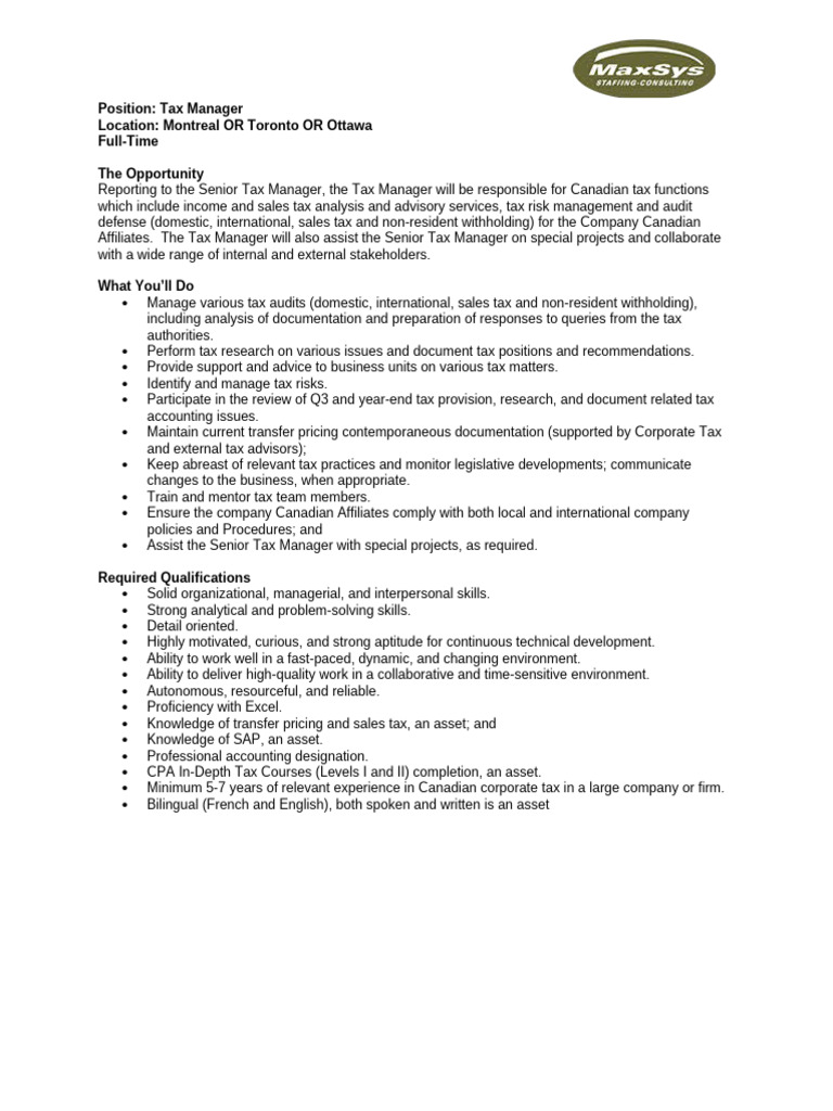 Job Description - Tax Manager | PDF