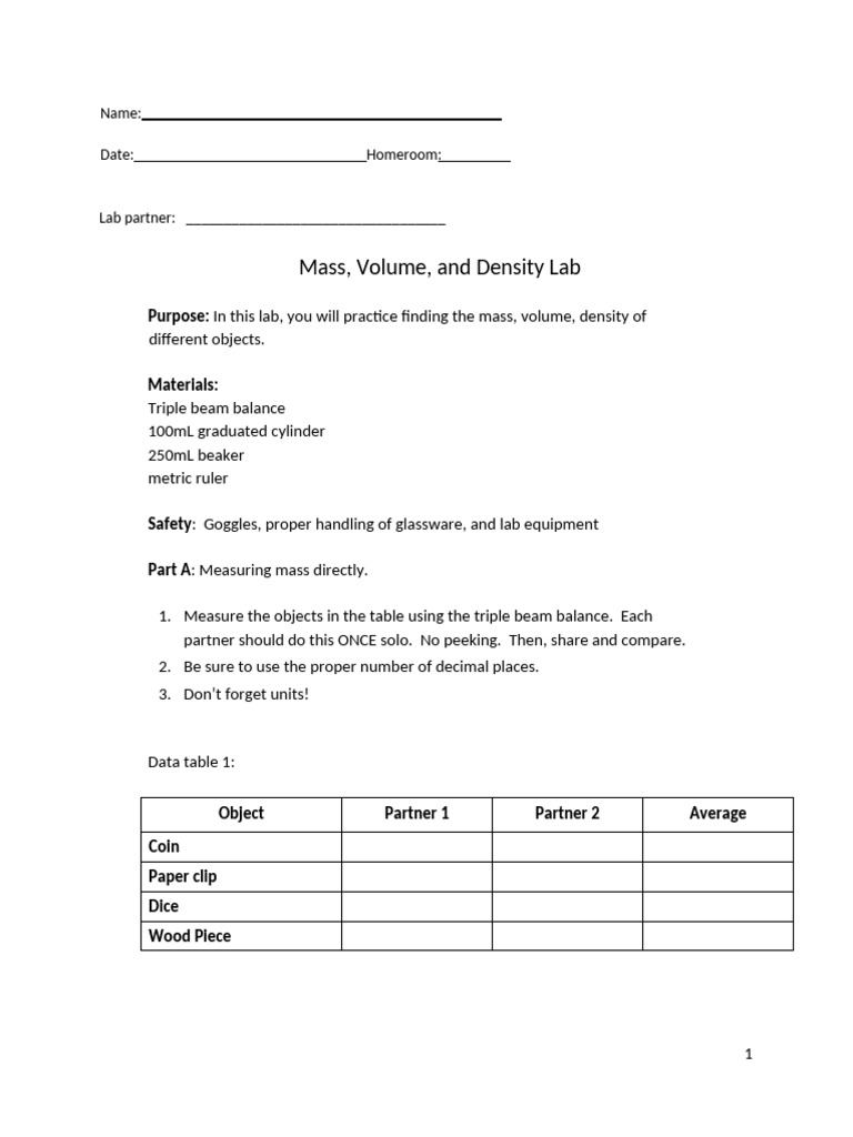 Mass, Volume, Density Lab | PDF