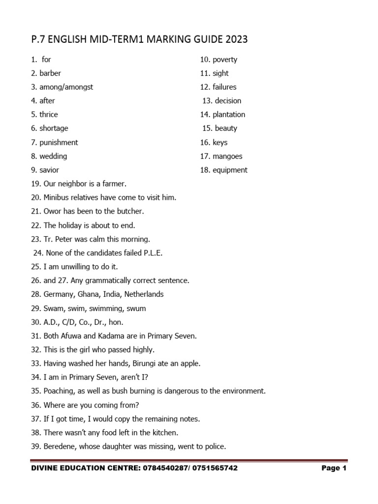 English Marking Guide Mid Term 1 2023 | PDF
