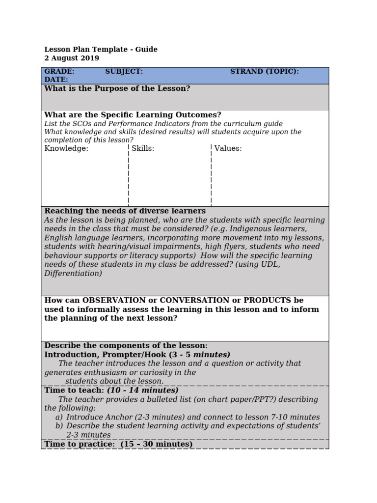 Lesson Plan Template Final & Guidelines | PDF
