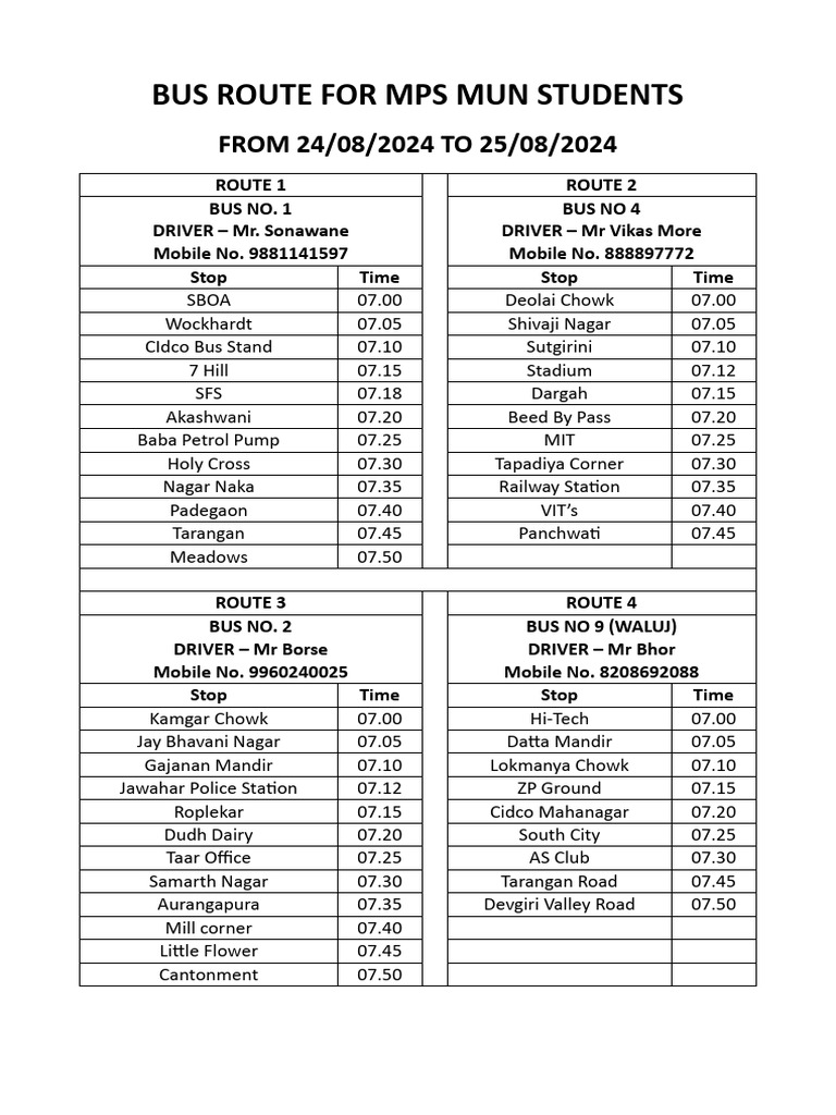 Bus Route For Mps Mun Students - 4 Bus | PDF