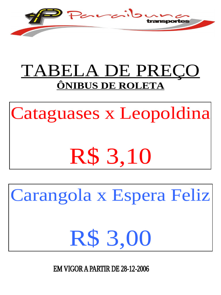 Tabela de Preço Roleta | PDF