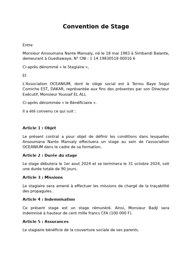 Convention de Stage Ansoumana Nante Mansaly | PDF