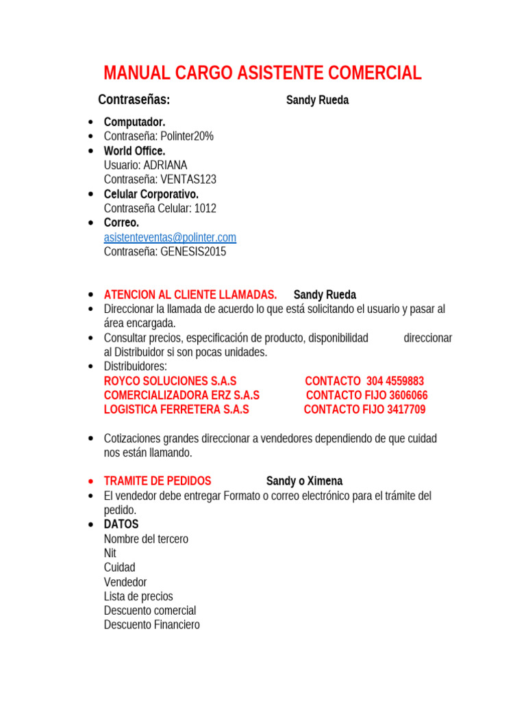 Manual Cargo Asistente Comercial | PDF
