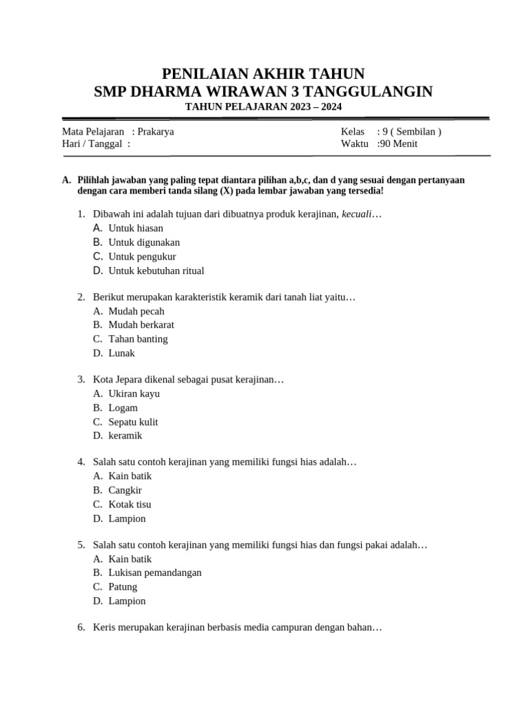 Soal PAT Kelas IX Sem 2 - Prakarya SMP DW 3 | PDF