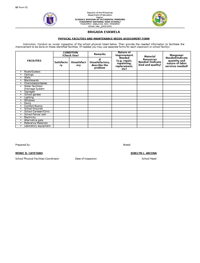 BE Form 1 PHYSICAL FACILITIES AND MAINTENANCE NEEDS ASSESSMENT FORM 1 | PDF