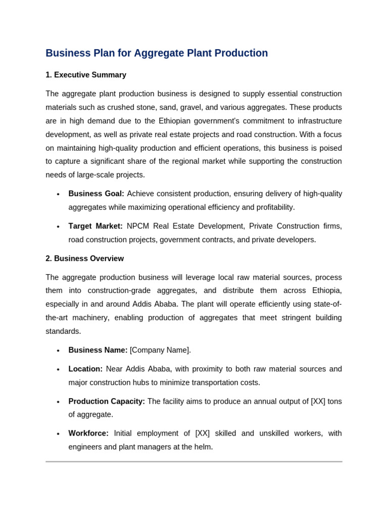 Business Plan for Aggregate Plant Production | PDF