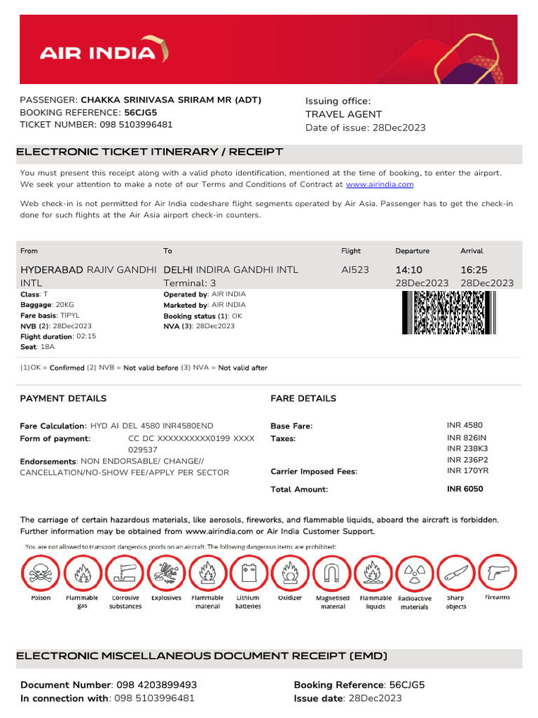 Air India Web Booking Eticket (56CJG5) - SRINIVASA SRIRAM | PDF
