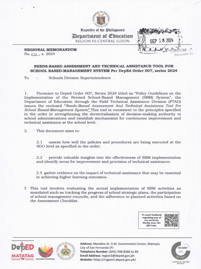RM No. 632 s.2024 Needs Based Assessment and Technical Assistance Tool For School Based ...