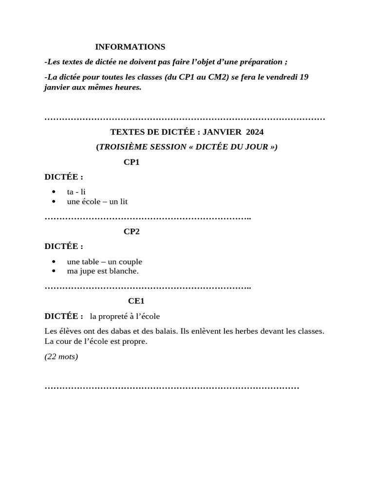 Session 3 Dictee Du Jour Janvier 2024-1 | PDF