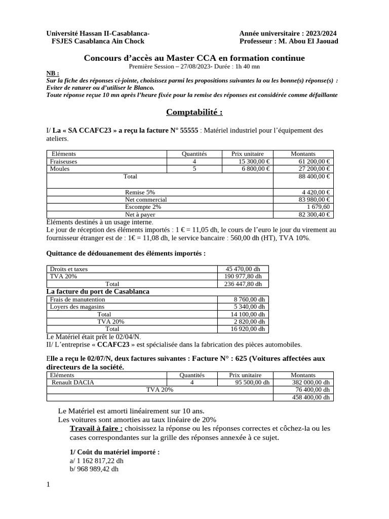 QCM Concours CCA FC Première Session 2023 | PDF