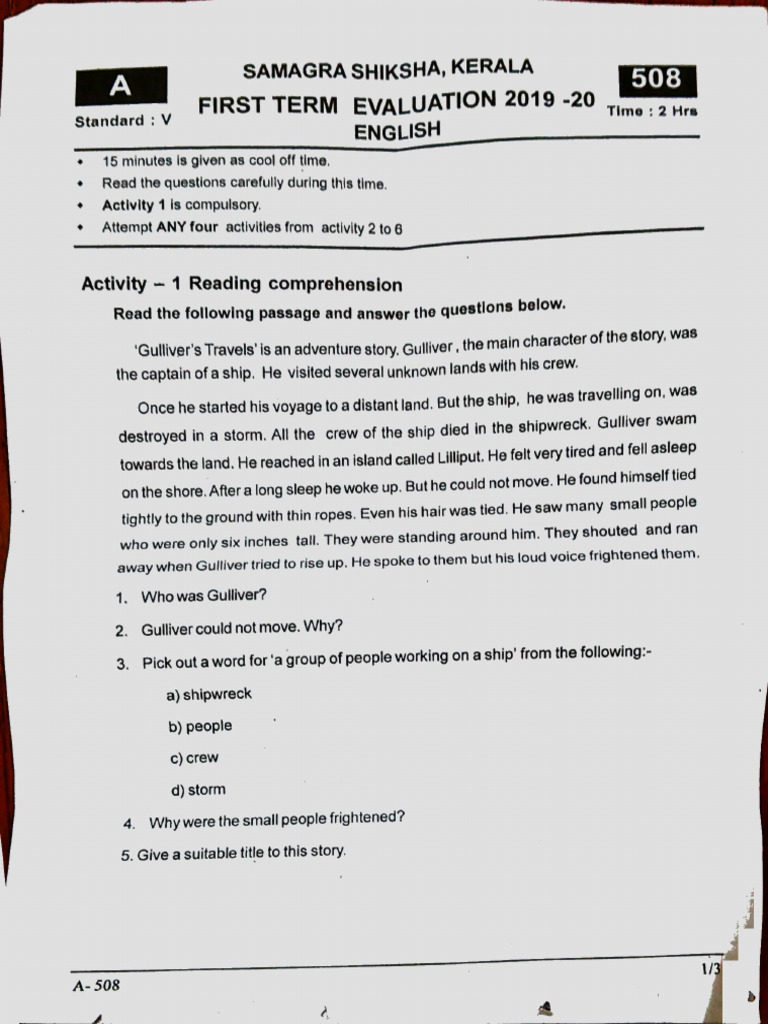 Kerala Class 5 First Term Onam Exam Question Paper 2019 - English | PDF