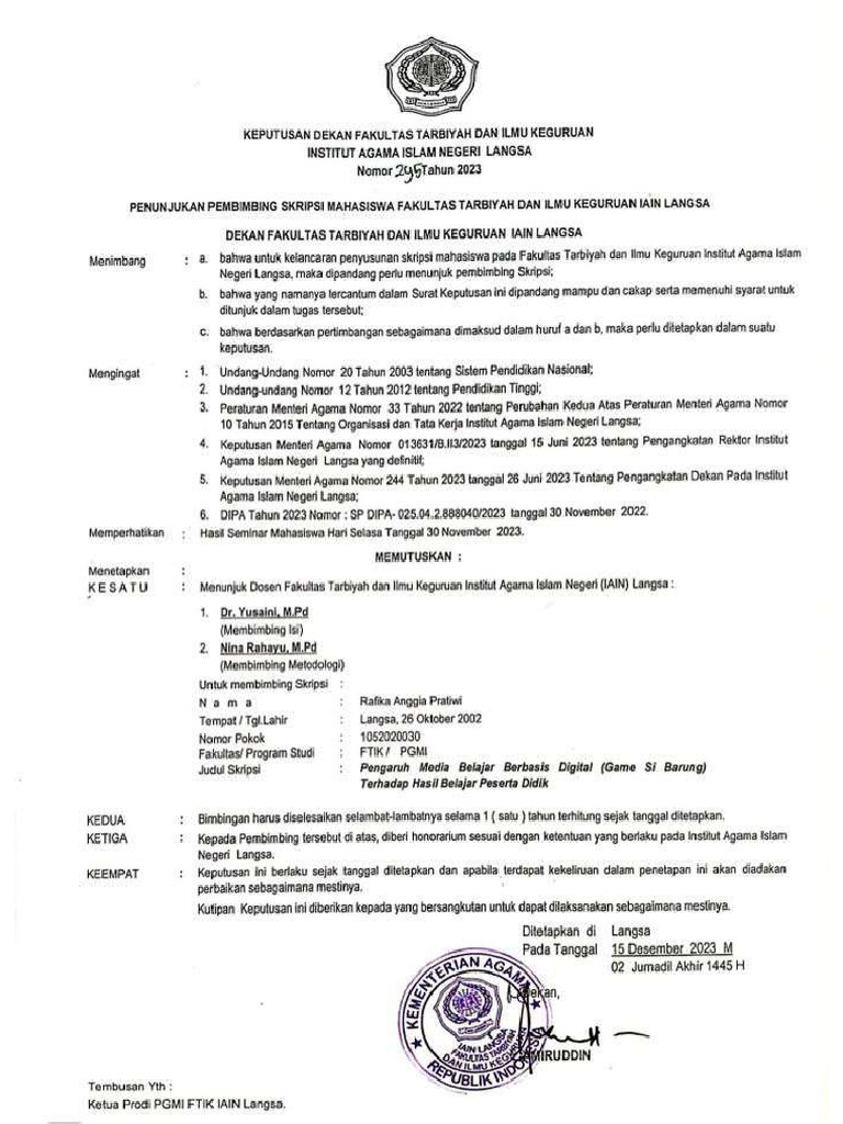 SK-Pembimbing Rafika Anggia Pratiwi | PDF
