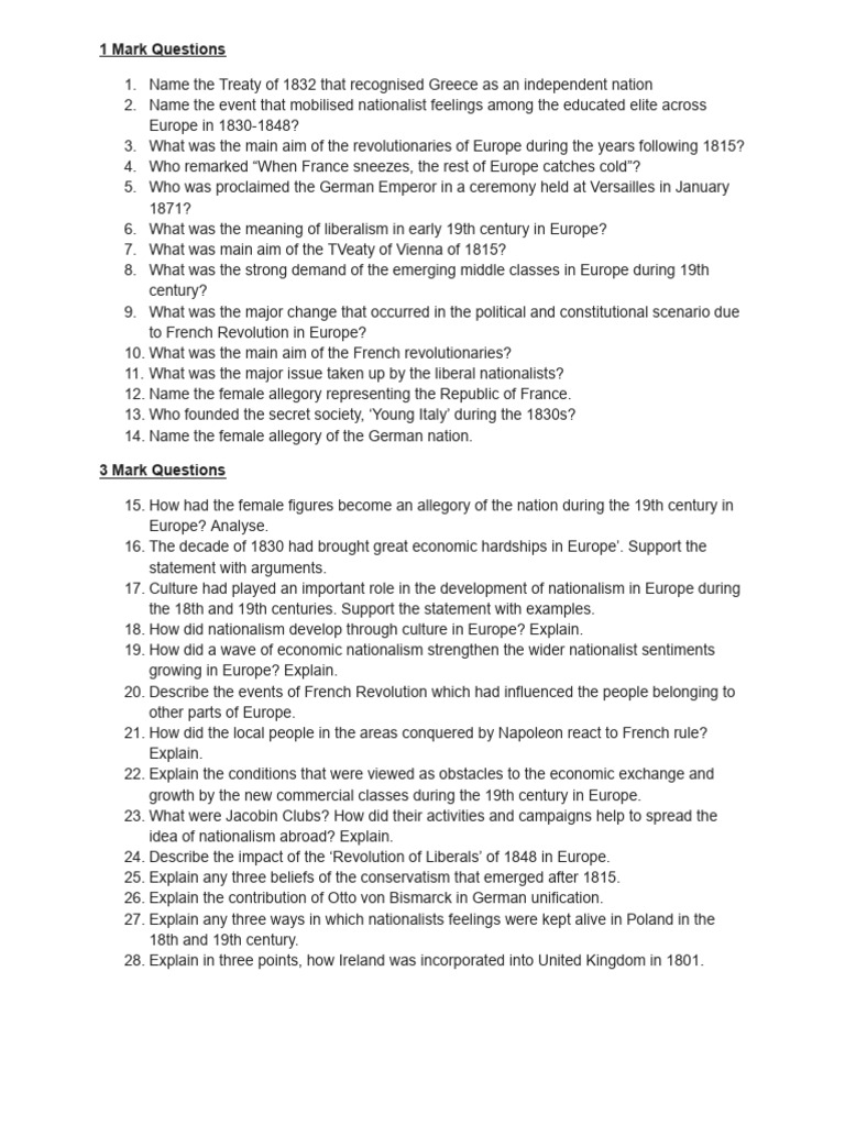 Nationalism in Europe - Practice Sheet | PDF