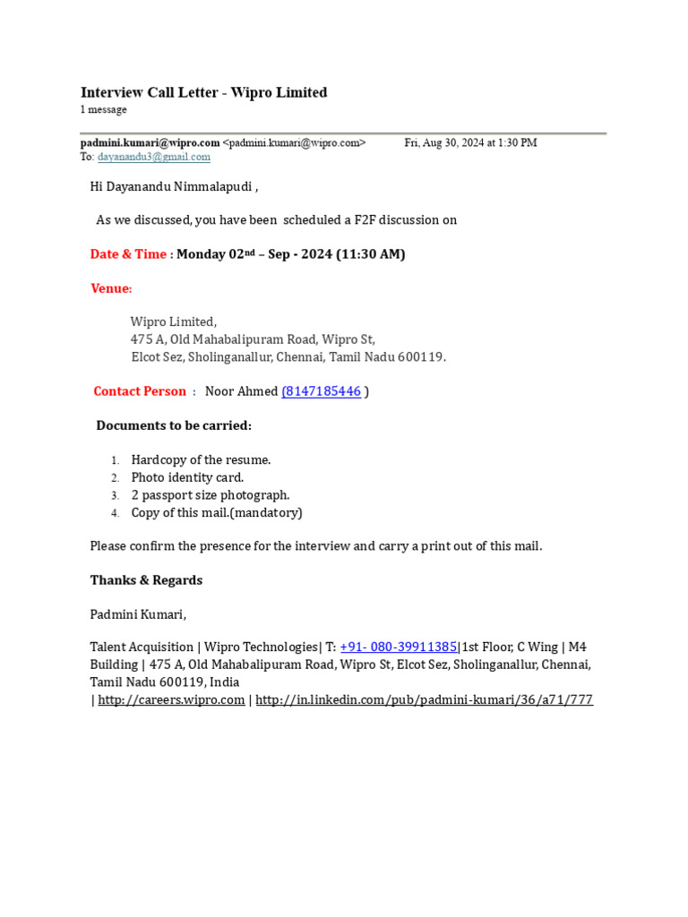 Interview Call Letter - Wipro Limited | PDF