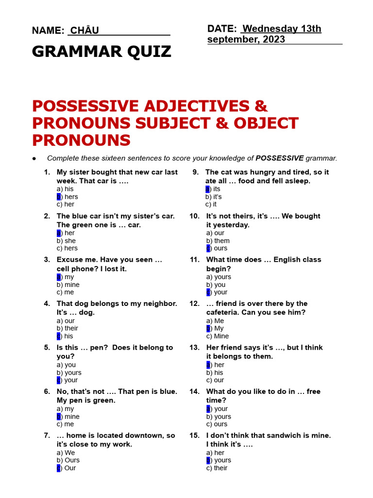 Possessive Pronouns and Adjectives | PDF