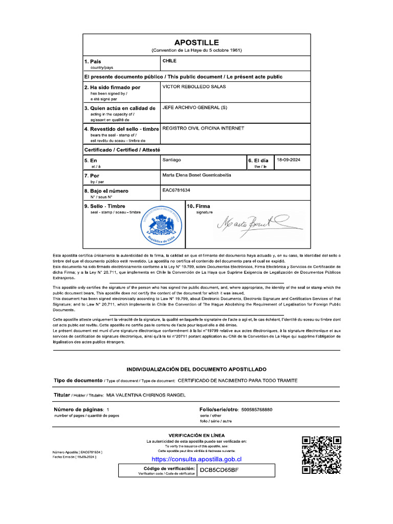 NACIMIENTO MIA VALENTINA CHIRINOS RANGEL APOSTILLA (2) | PDF