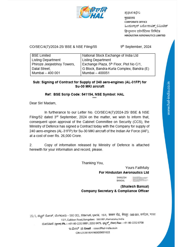 Sub: Signing of Contract For Supply of 240 Aero-Engines (AL-31FP) For ...
