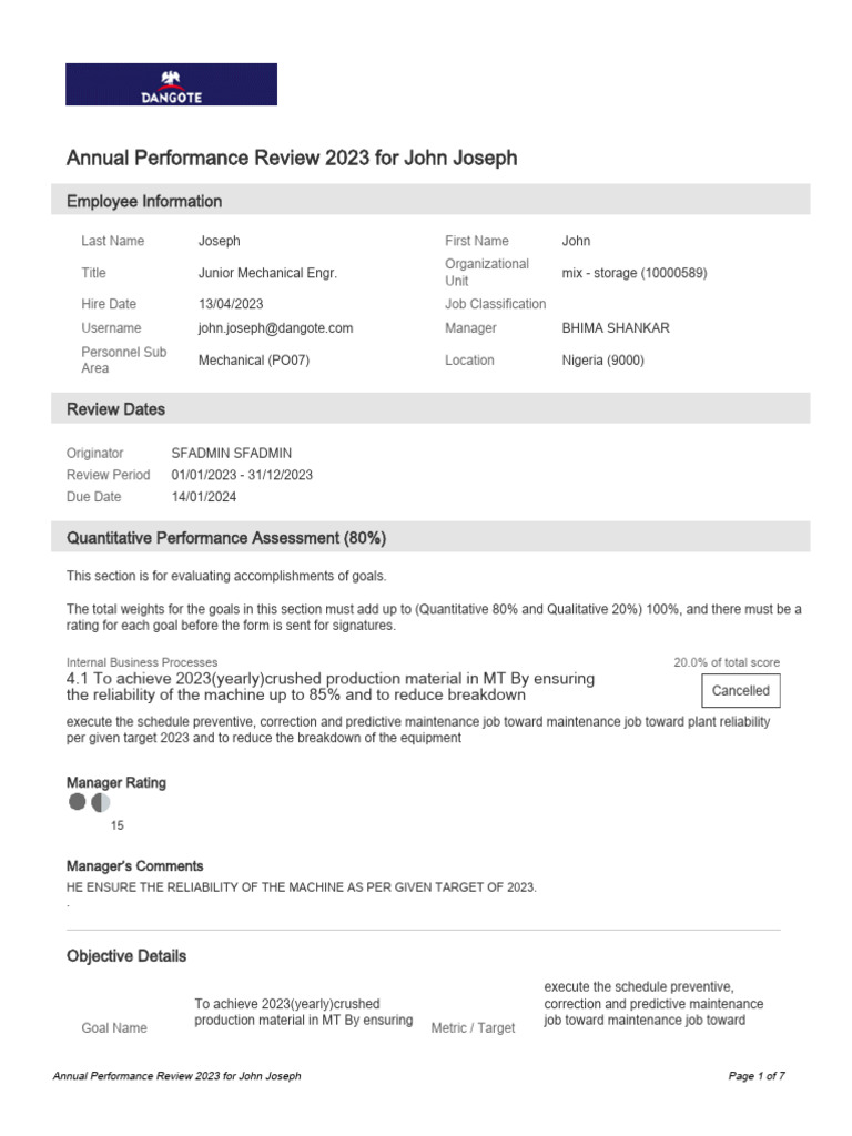 Annual Performance Review 2023 For John Joseph-44302 | PDF