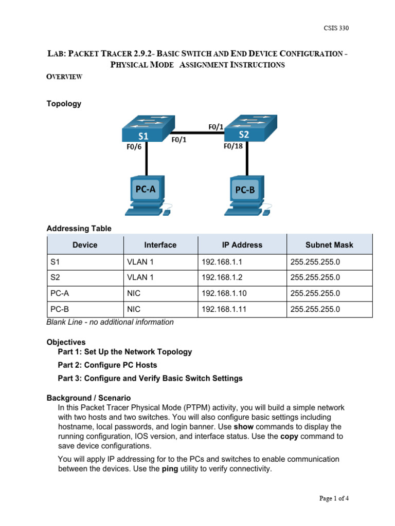 Lab Packet Tracer 2.9.2 - Basic Switch and End Device Configuration - Physical Mode Assignment ...