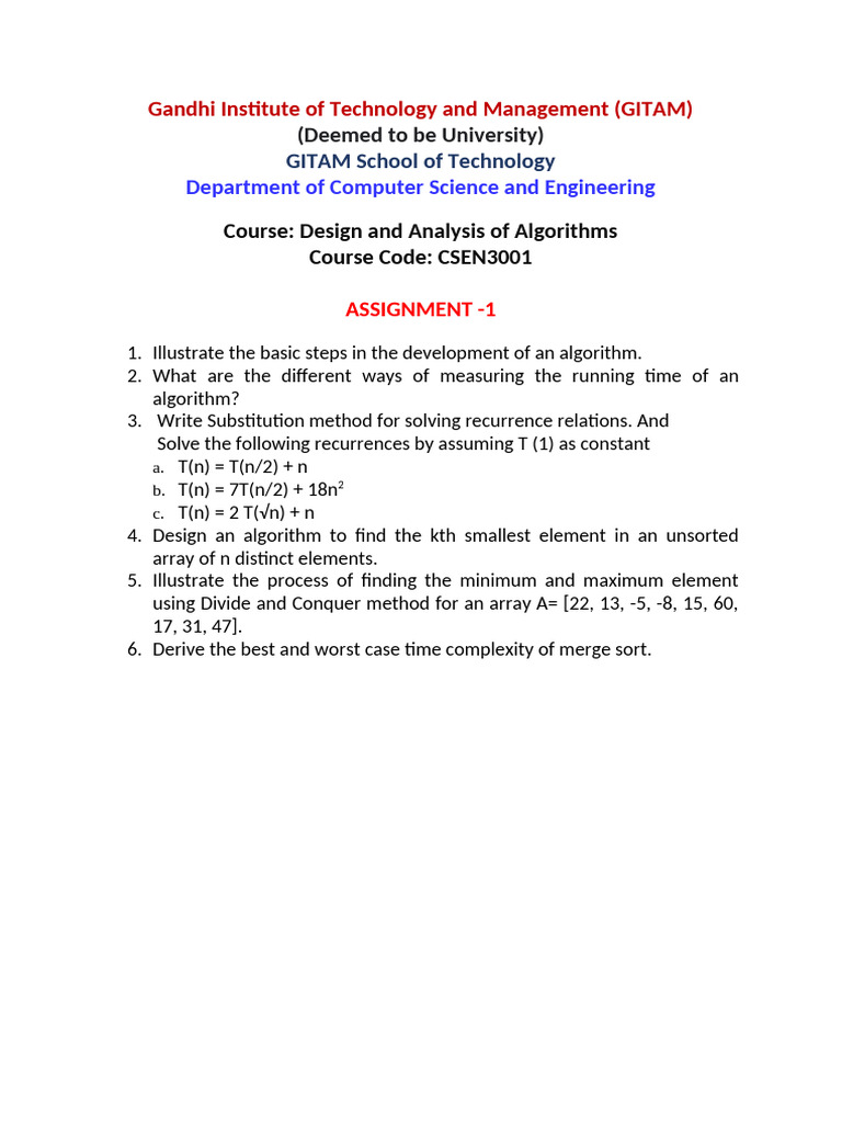 DAA Assignment-1 | PDF | Teaching Methods & Materials