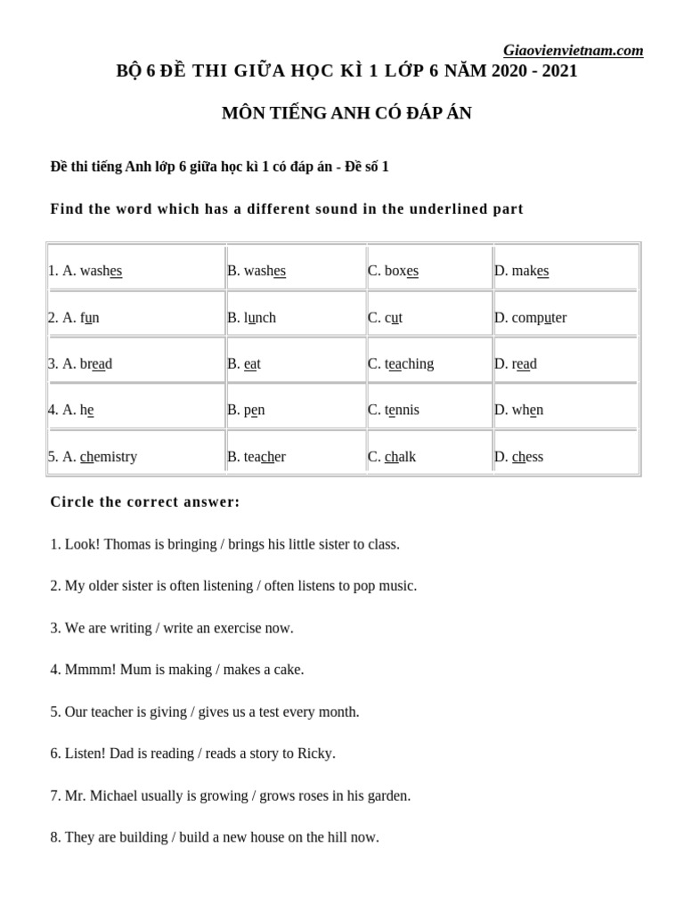 Bo de Thi Giua Hoc Ki 1 Mon Tieng Anh Lop 6 Co Dap An | PDF