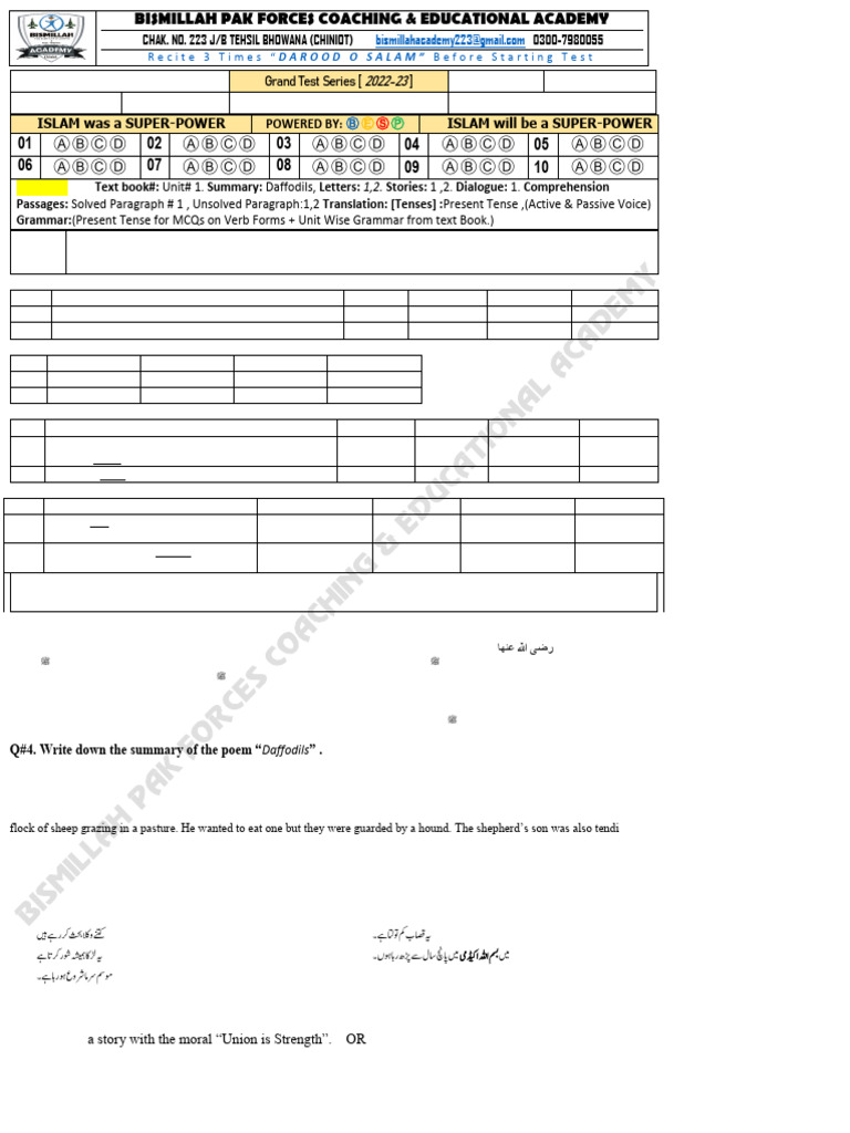9th English CH Wise Tests For Grand Test Series 2022-23 | PDF