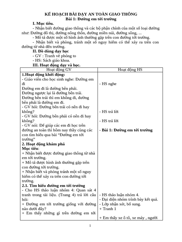 Ke Hoach Bai Day An Toan Giao Thong Lop 1 Pdf