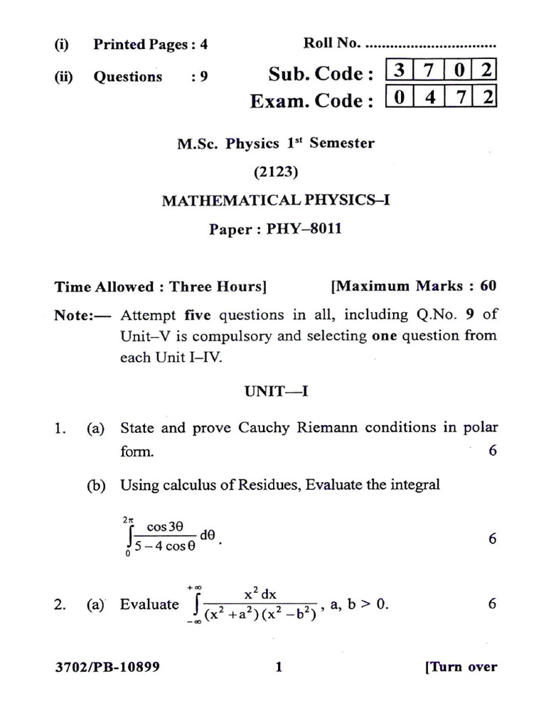 MSC - Physics - 1st Sem - PHY - 8011 - Mathematical Physics I - December 2023 | PDF