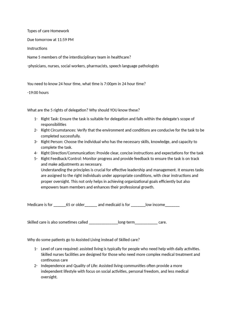 Types of Care Homework | PDF