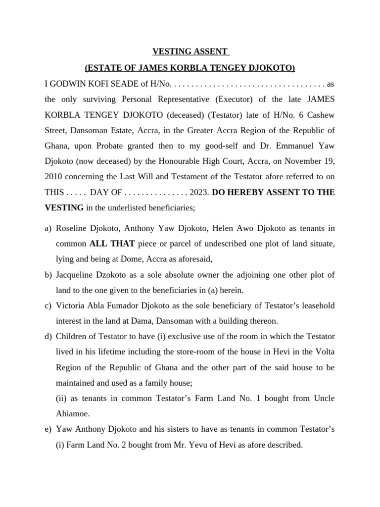 Vesting Assent - James Korbla Tengey Djokoto | PDF