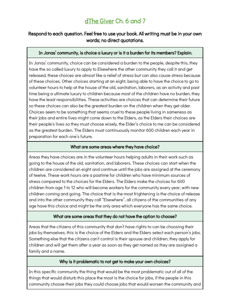 The Giver CH 6 and 7 - Choice-Colin | PDF